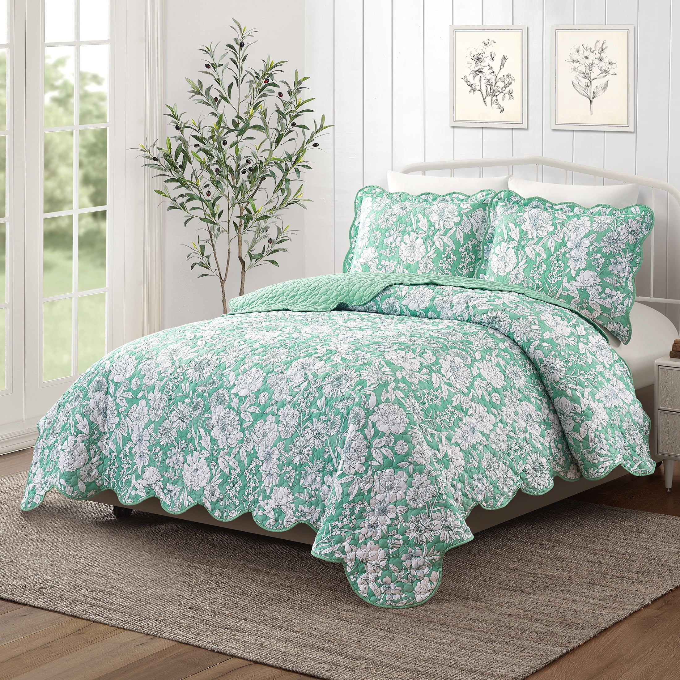 Mainstays Green Floral Quilt Set Twin 66x90 with Scalloped Edge and ...