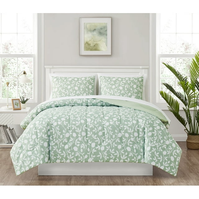 Free Shipping! Mainstays 7 Piece Reversible Bed in a Bag Comforter Set with Sheets, Green Floral ...
