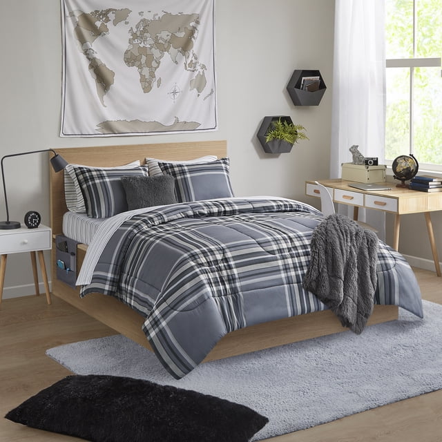 Mainstays Grey Plaid 13 Piece Bed in a Bag Comforter Set With Sheets ...