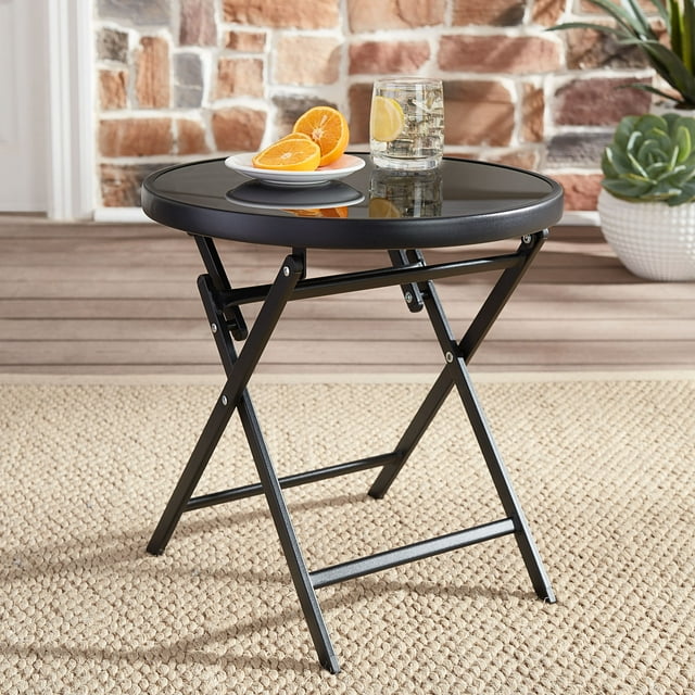 Mainstays Greyson 18” Round Glass-Top Folding Side Table, Black ...