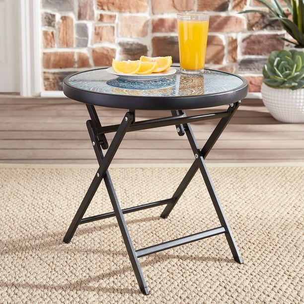Mainstays Greyson 18” Round Glass-Top Folding Side Table, Blue ...