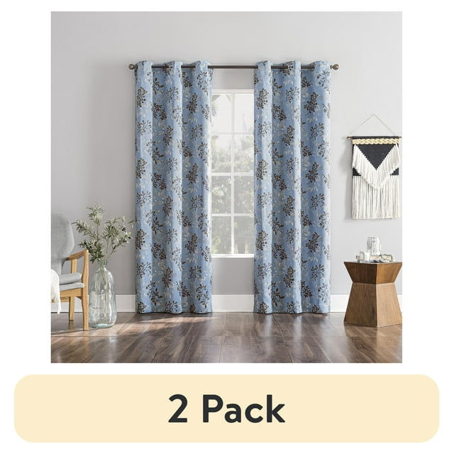 (2 pack) Mainstays Grommet Blackout Single Curtain Panel, Blue/Leaf, 40 ...