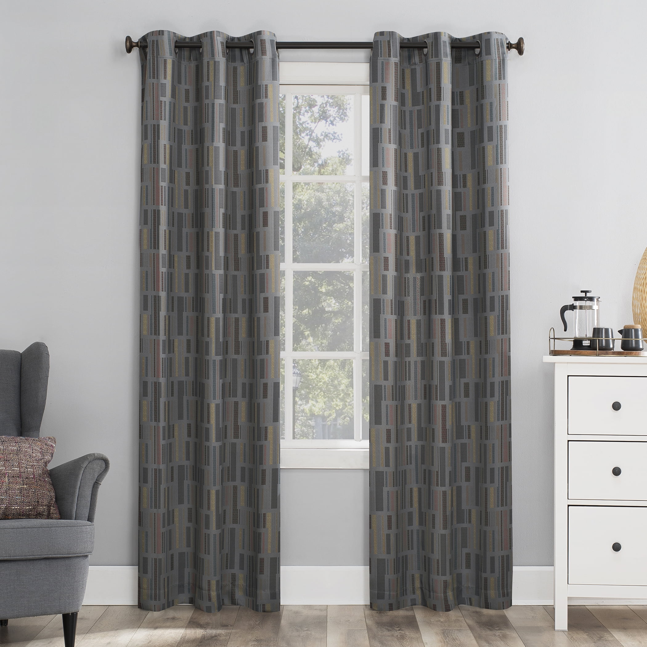Mainstays Grommet Blackout Single Curtain Panel, Gray Geo, 40"W x 63"L ...