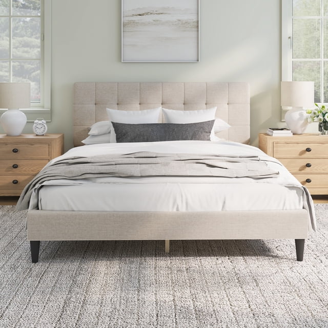 Mainstays Hillside Square Tufted Upholstered Queen Platform Bed, Ivory ...