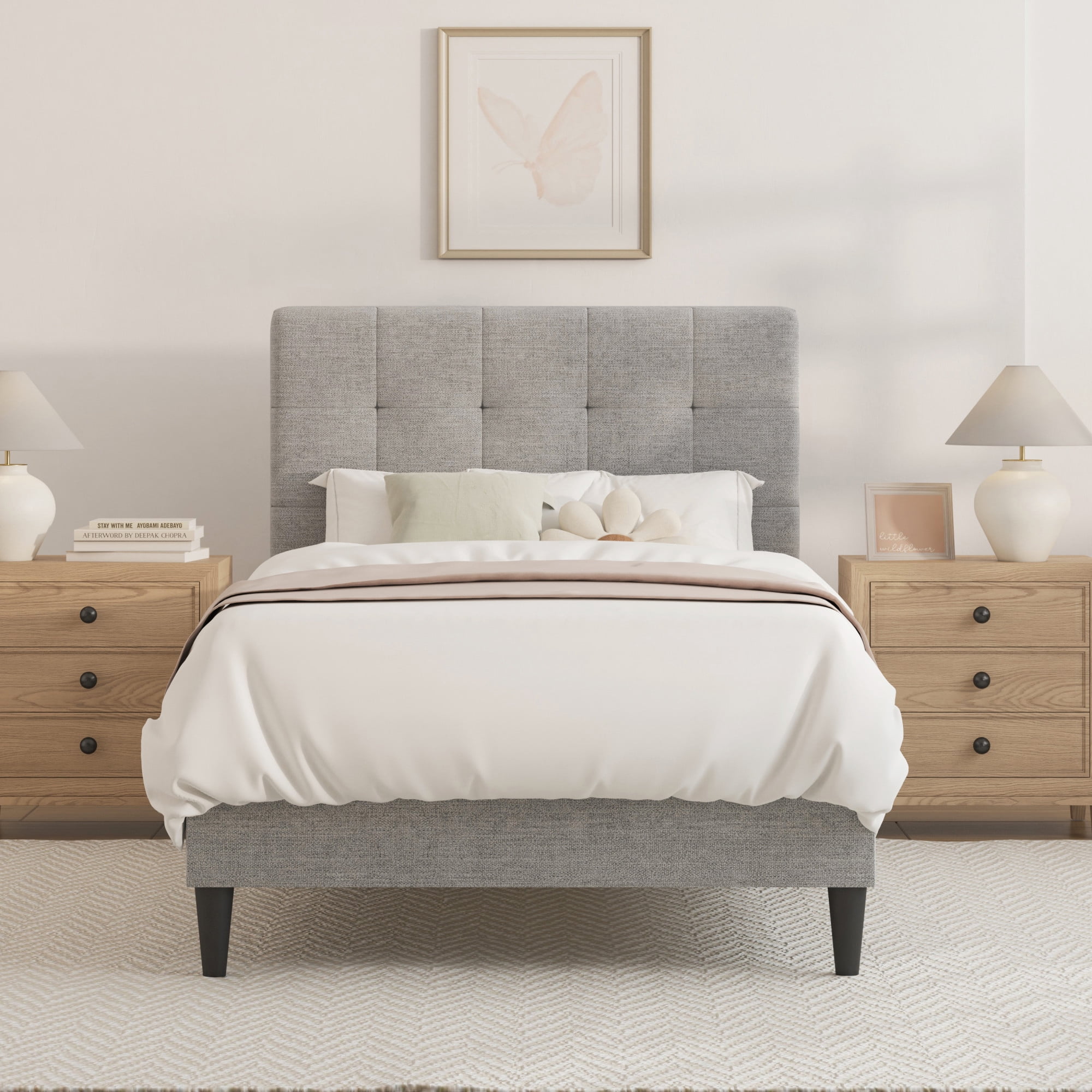 Mainstays Hillside Square Tufted Upholstered Twin Bed, Light Gray ...