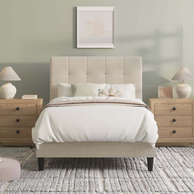 Mainstays Hillside Square Tufted Upholstered Twin Platform Bed, Ivory ...