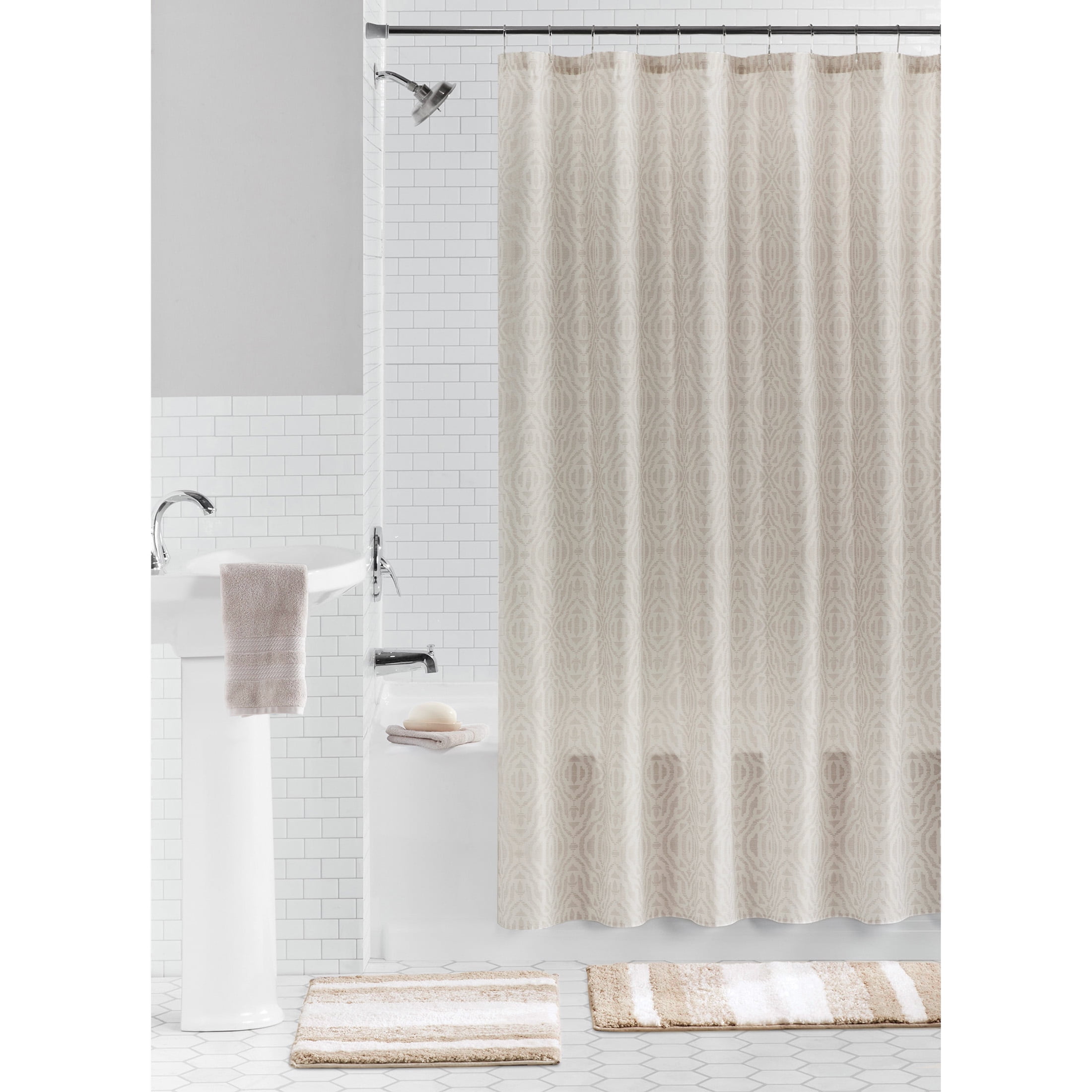 Mainstays Shower Curtain Set with Bath Rugs, Taupe Ikat Geometric ...