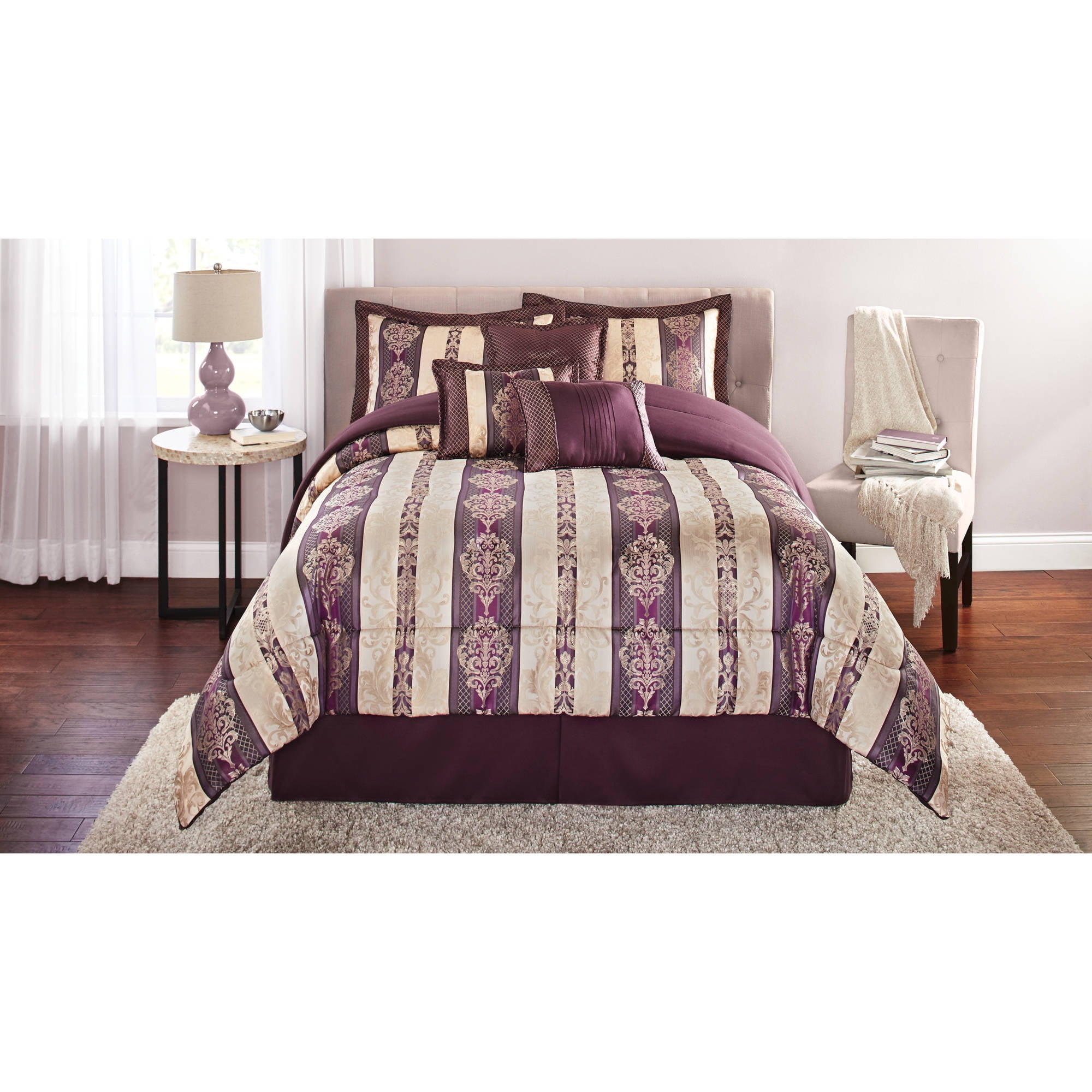 Mainstays King Adelaide Damask Embroidered Plum Comforter Set, 7 Piece ...