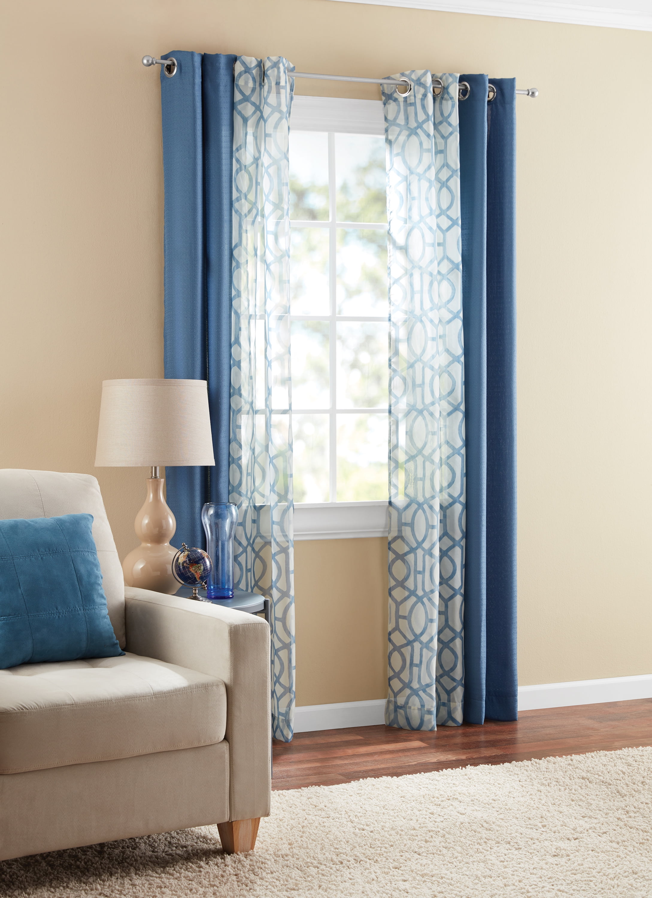 Mainstays Kingswood Solid and Printed Sheer Grommet Curtain Panel Set ...