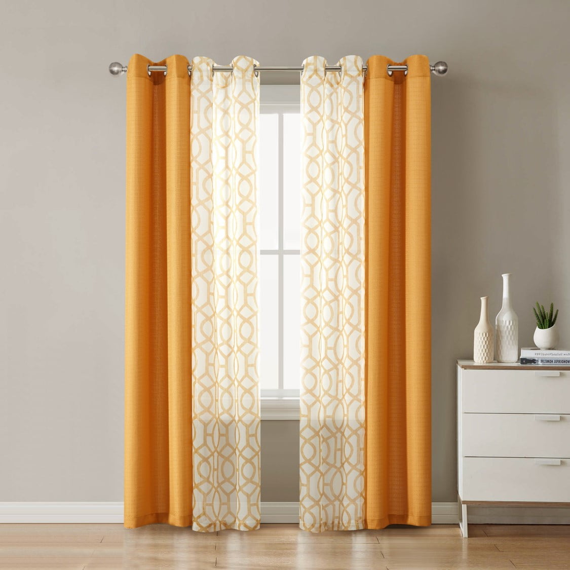 Mainstays Kingswood Solid and Printed Sheer Grommet Curtain Panel Set ...