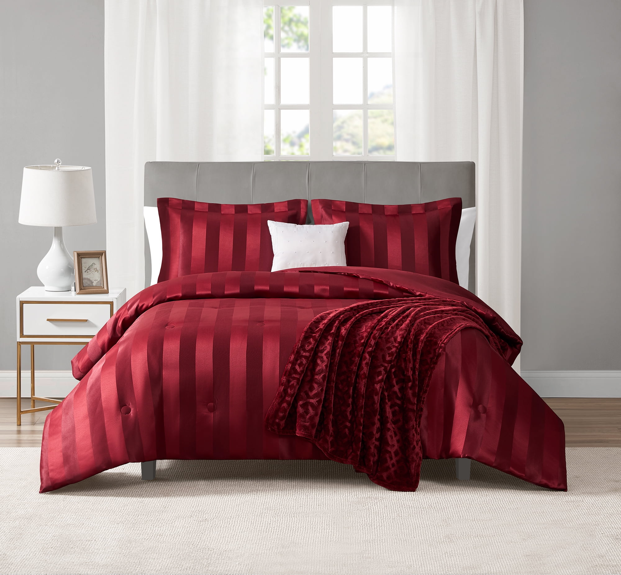 Mainstays Luscious Merlot 5 Piece Damask Stripe Comforter Set, King ...
