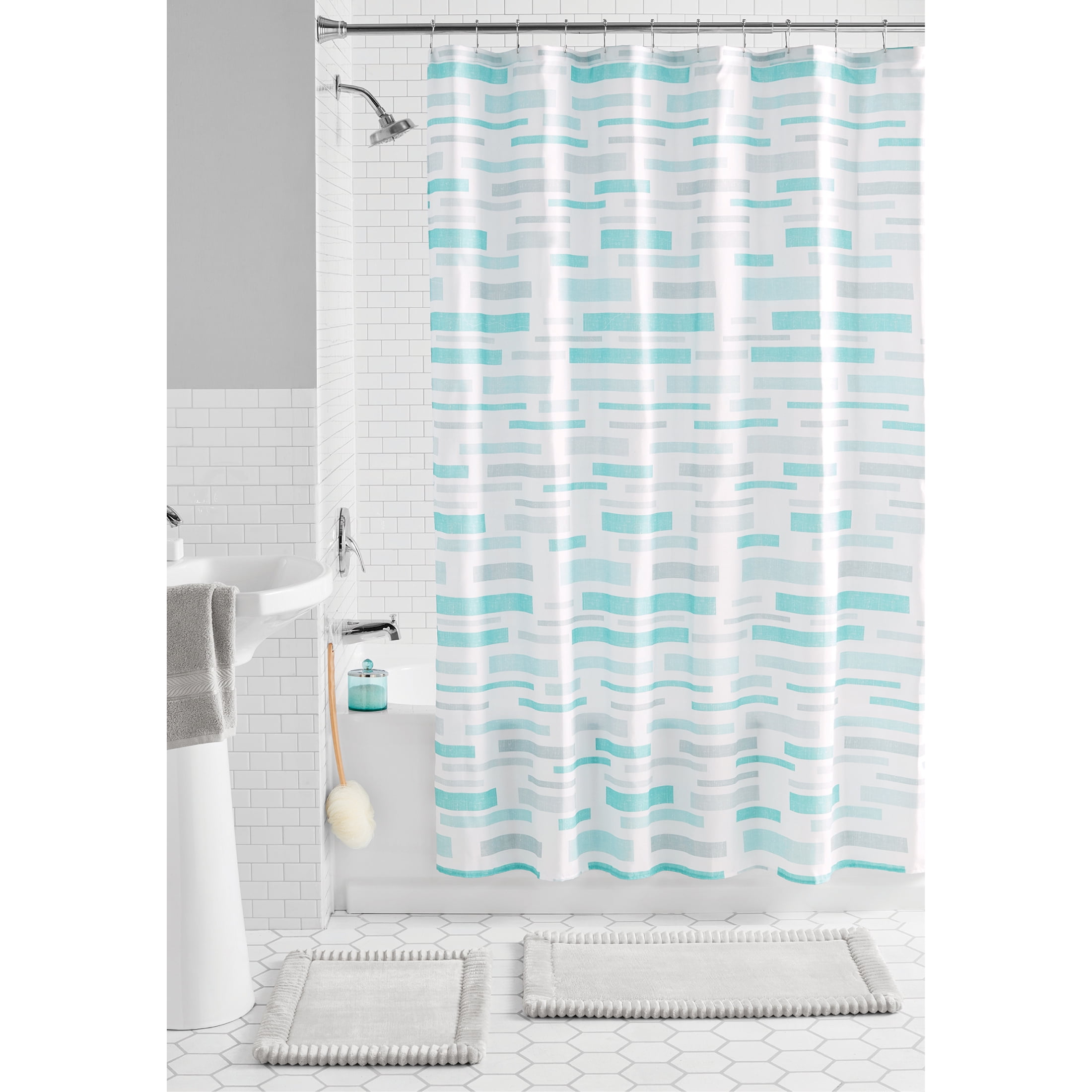 Mainstays Madison Lines Microfiber Shower Curtain Bath Set, Blue/Multi ...