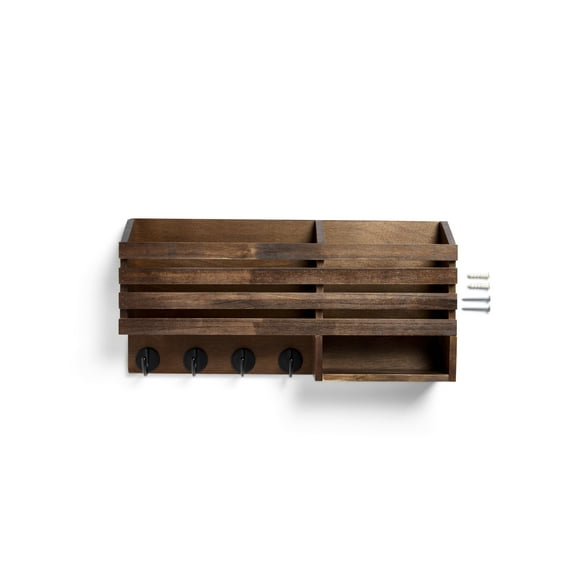 Mainstays Wall Mounted Mail Sorter, Brown Canyon Walnut, 4 Hooks, Deep ...