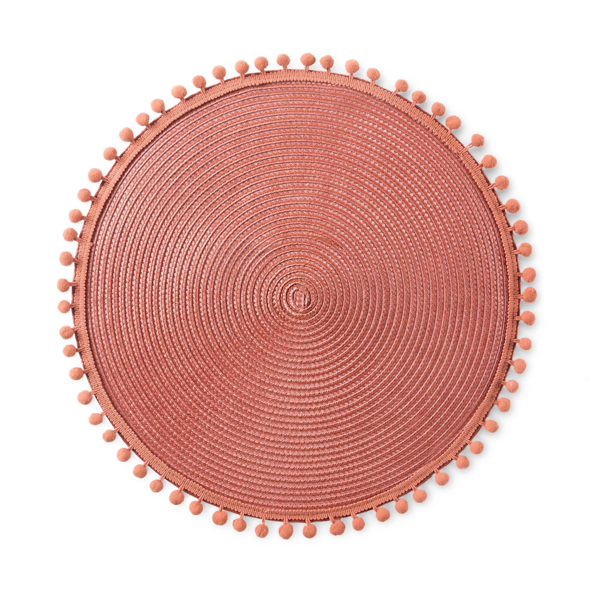 Mainstays Pom Pom Round Placemat Brick 15 inch Diameter Easy Care Wipe ...