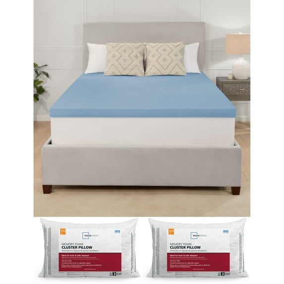 Mainstays 3" Memory Foam Mattress Topper, Queen with 2 Mainstays Memory ...