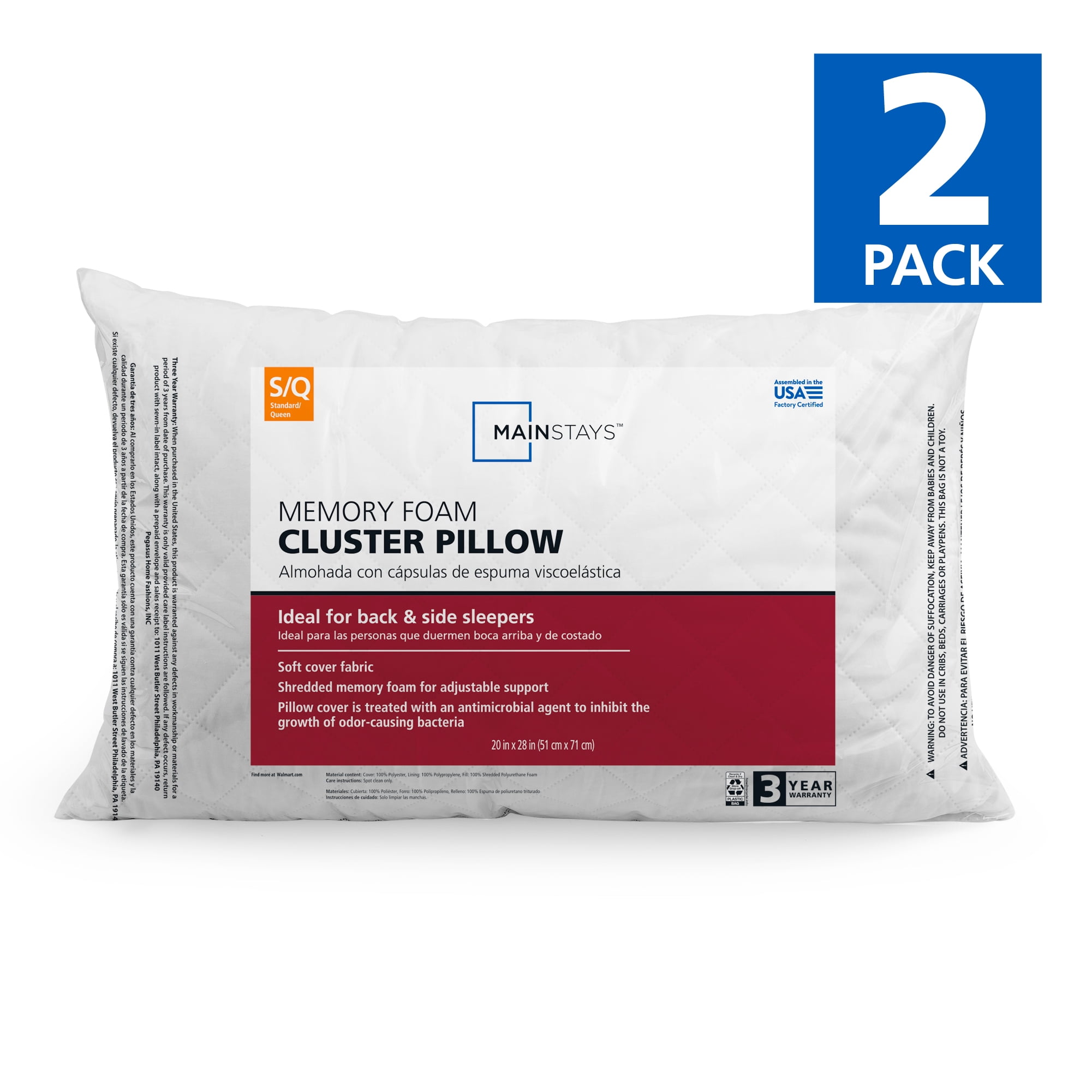 Mainstays™ Memory Foam Cluster Bed Pillow, Standard Queen, 2 Pack ...