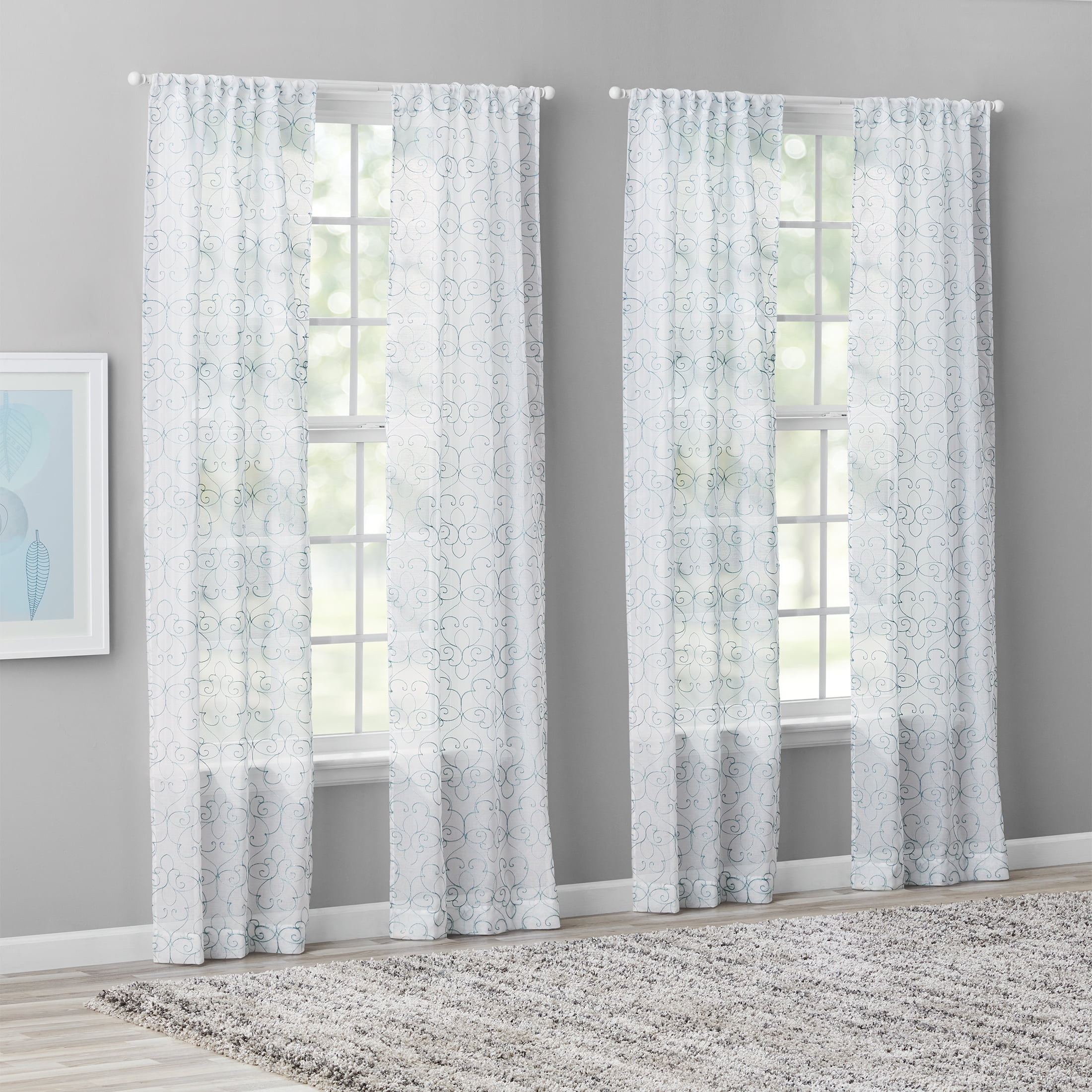 Mainstays Modern Scroll Rod Pocket Sheer Curtains, Set of 4, Aqua, 28 ...