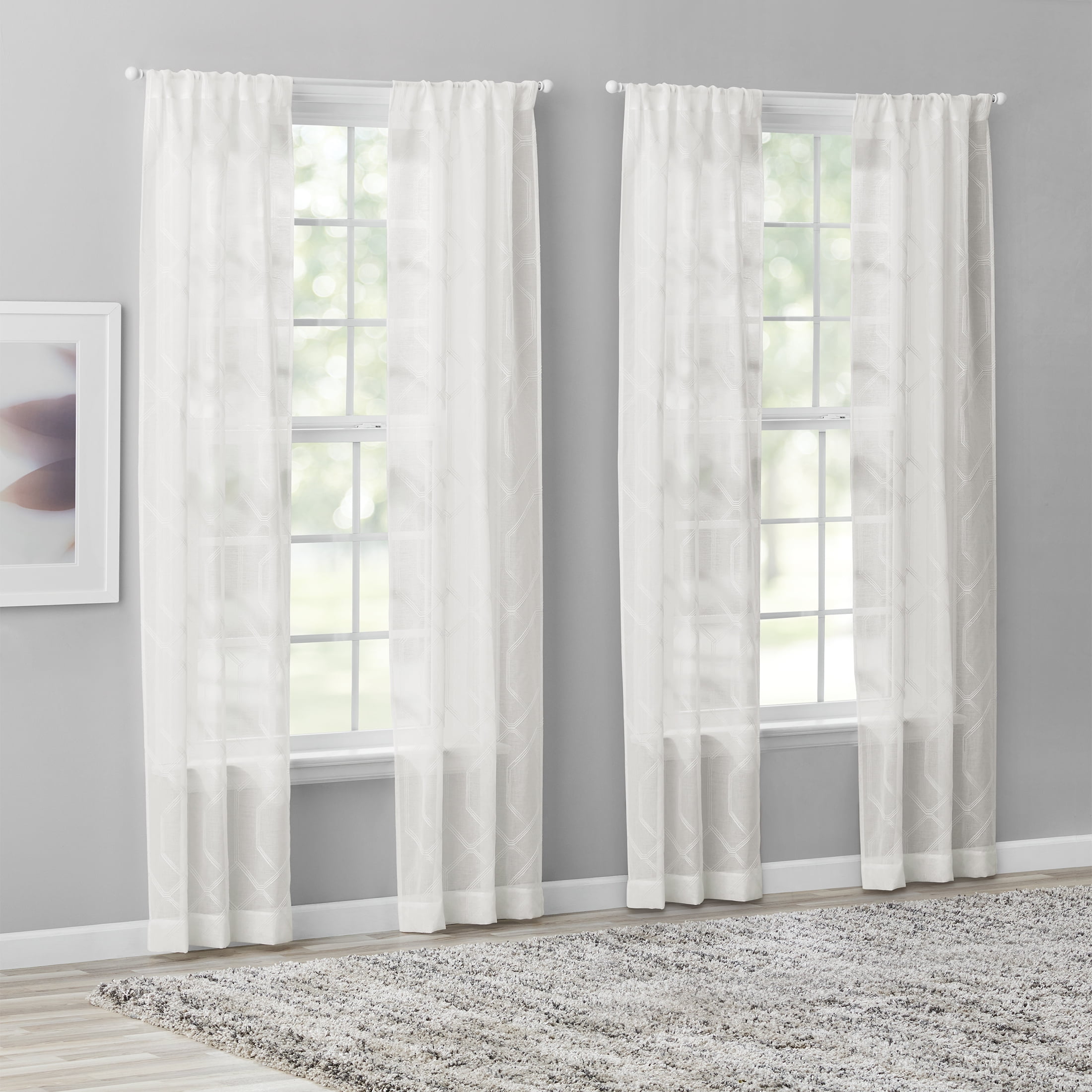 Mainstays Modern Geometric Embroidered Rod Pocket Sheer Curtains, Set ...