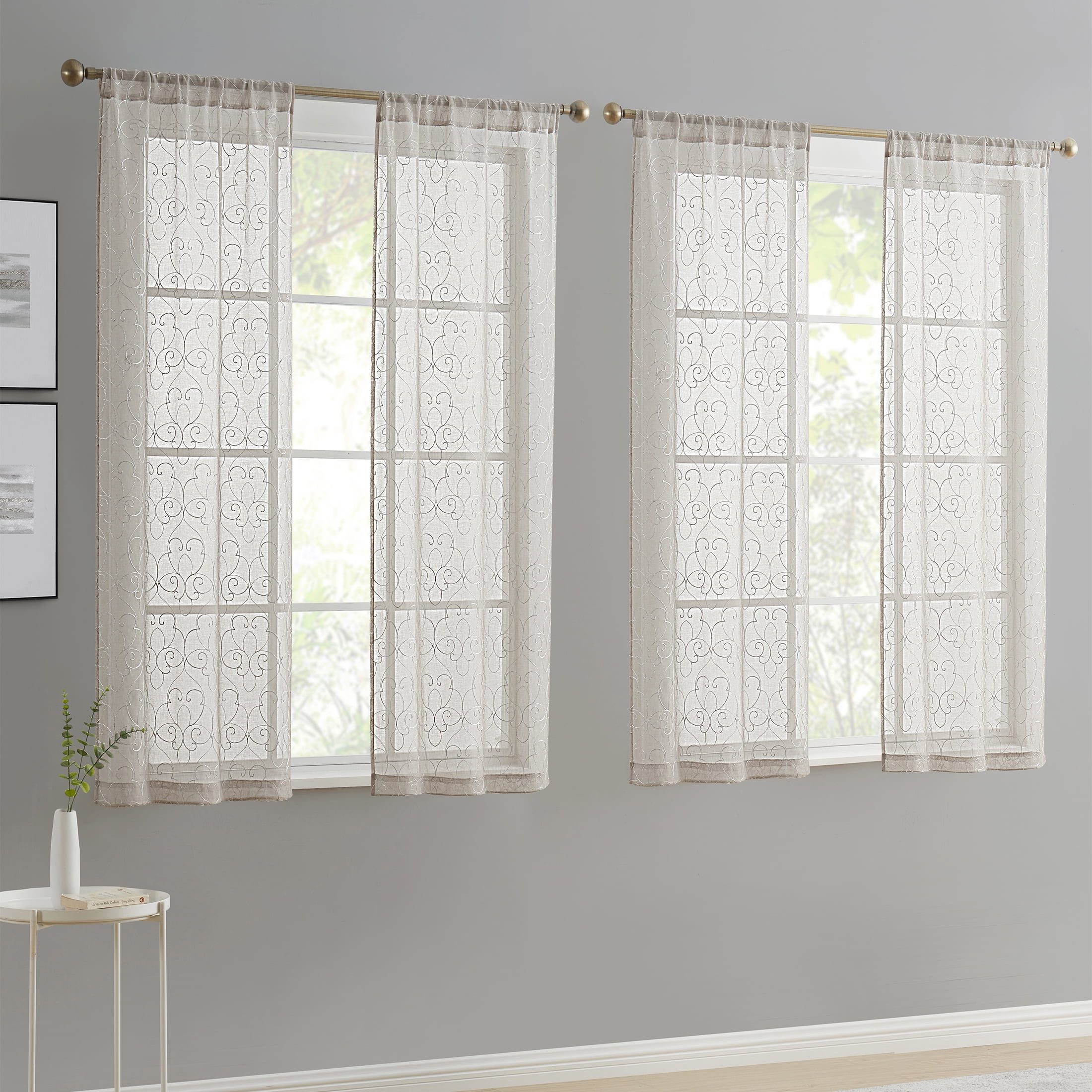 Mainstays Modern Scroll Rod Pocket Sheer Curtain Panel, Set of 4, Beige ...