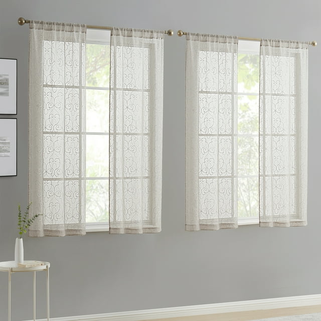 Mainstays Modern Scroll Rod Pocket Sheer Curtain Panel, Set of 4, Beige ...