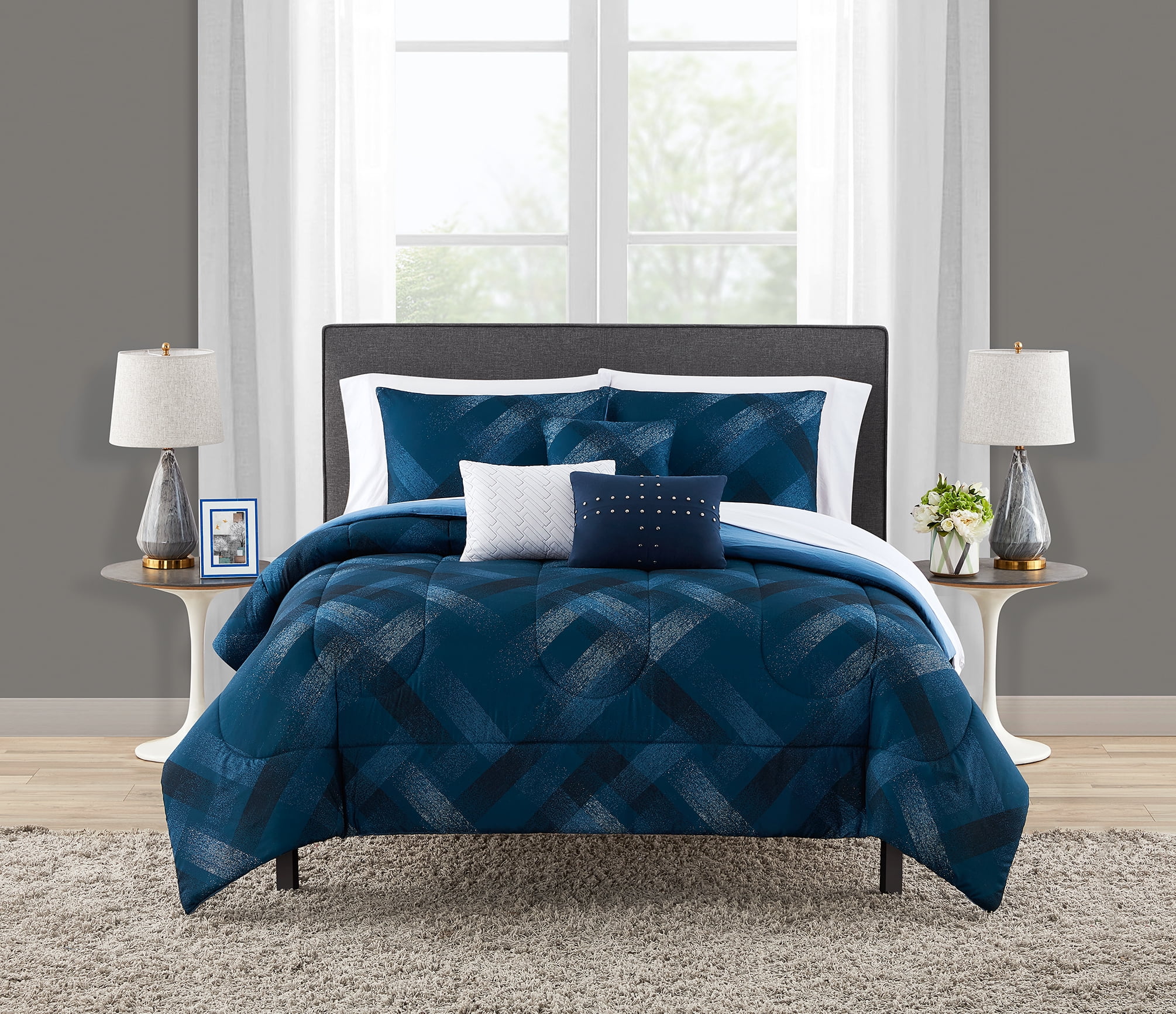 Mainstays Navy Plaid 10 Piece Bed in a Bag with 3 Dec Pillows, King ...