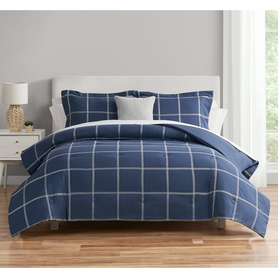 Mainstays Navy Windowpane 10 Piece Bed in a Bag Bedding Set with Sheets ...