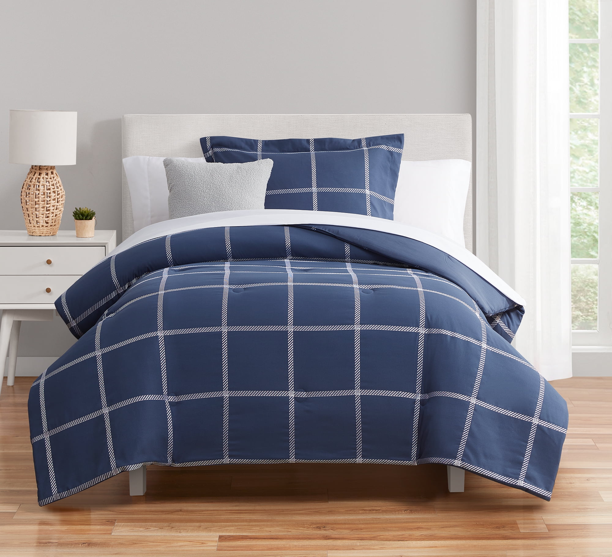Mainstays Navy Windowpane 7 Piece Bed in a Bag Comforter Set with ...