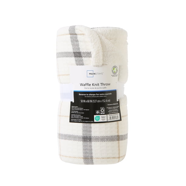 Mainstays Neutral Plaid Waffle Knit Sherpa Throw Blanket, 50"x60 ...