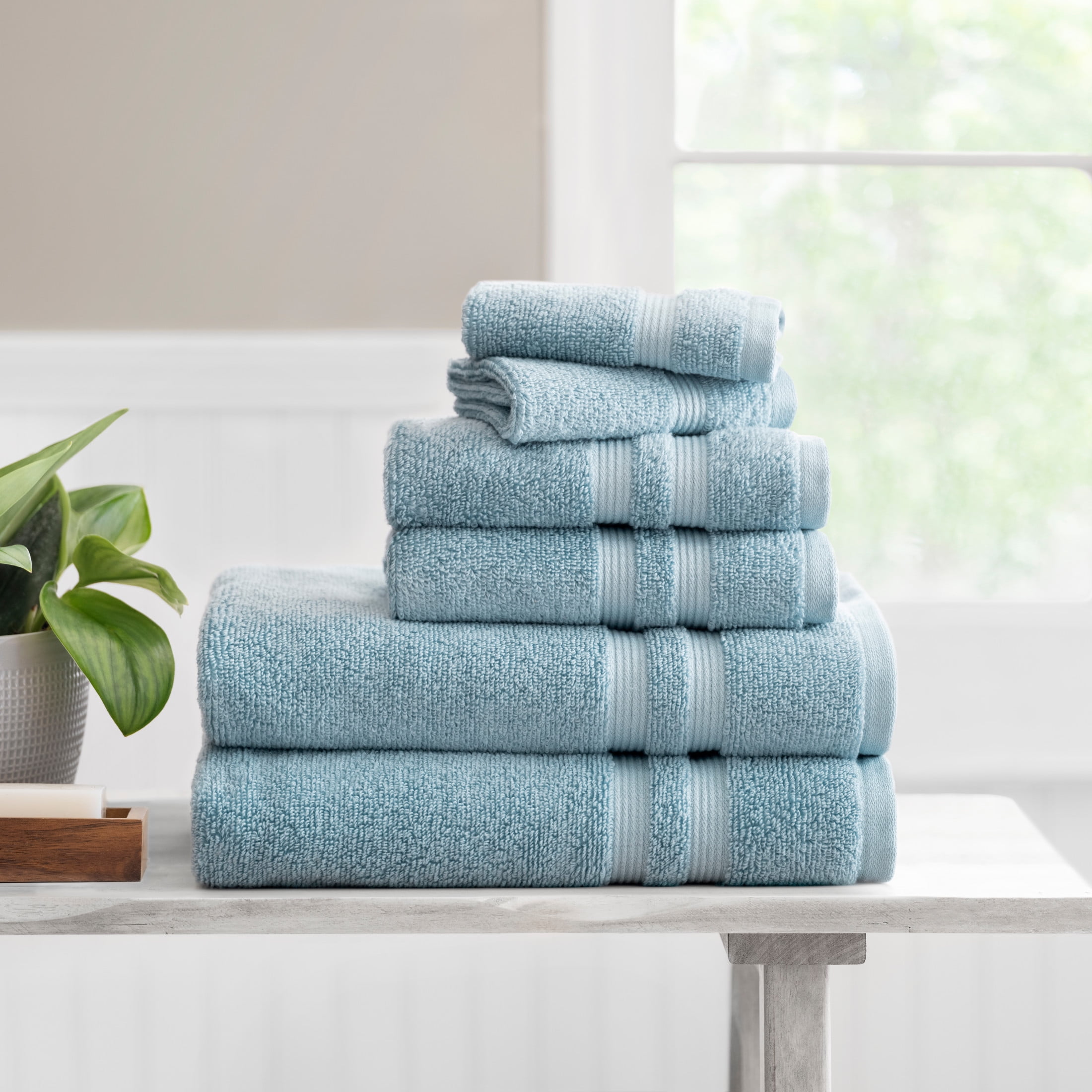 Mainstays Performance Solid Bath Towel 6-Piece Set, Blue Linen ...