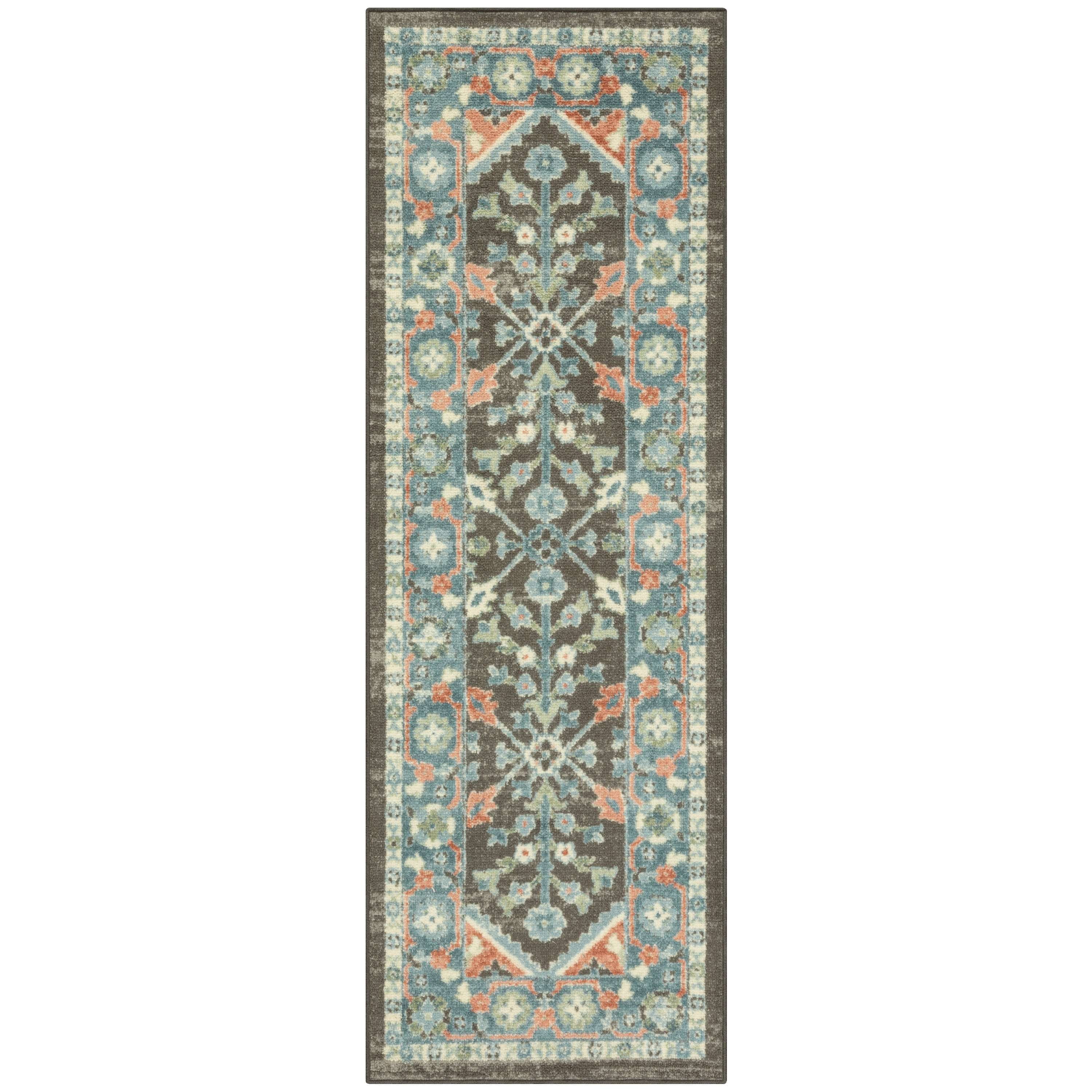 Mainstays Persian Loop Print Gray Aqua Indoor Runner Rug 2' x 6' Skid ...