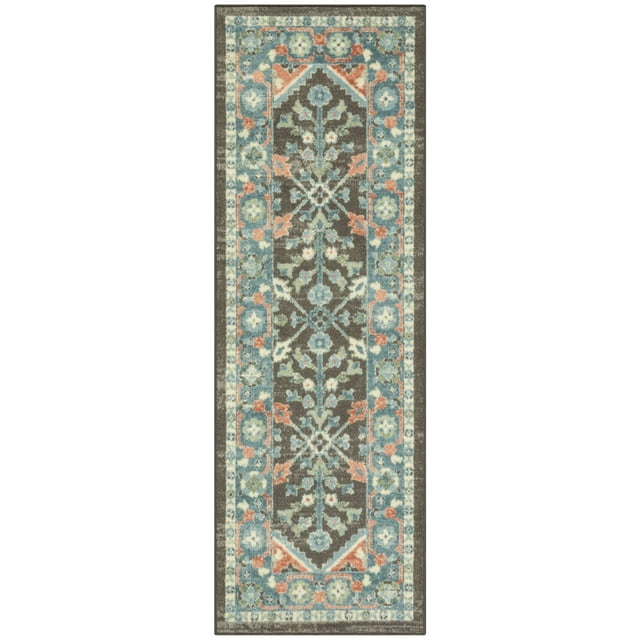 Mainstays Persian Loop Print Gray Aqua Indoor Runner Rug 2' x 6' Skid ...