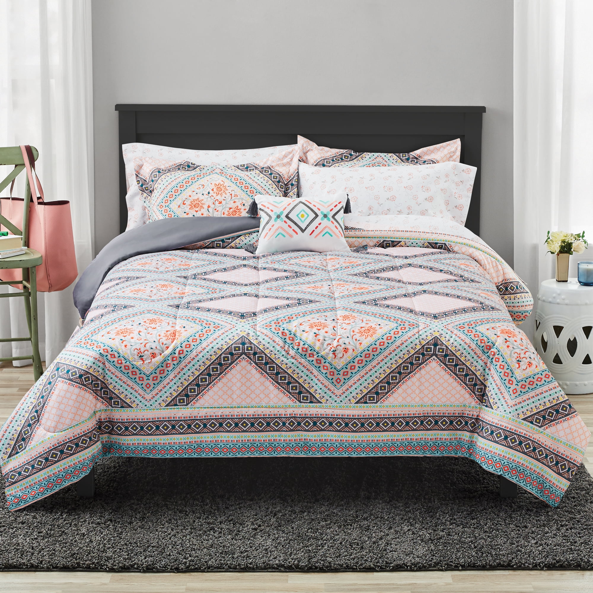 Mainstays Pink Diamond 8 Piece Bed in a Bag Comforter Set - King Size ...