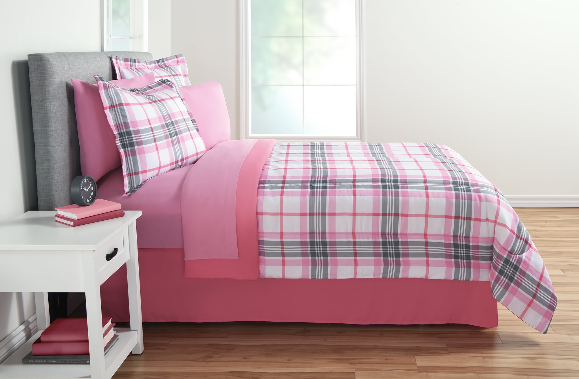 Mainstays Pink Plaid 8 Piece Full Bedding Set, Reversible & Machine ...