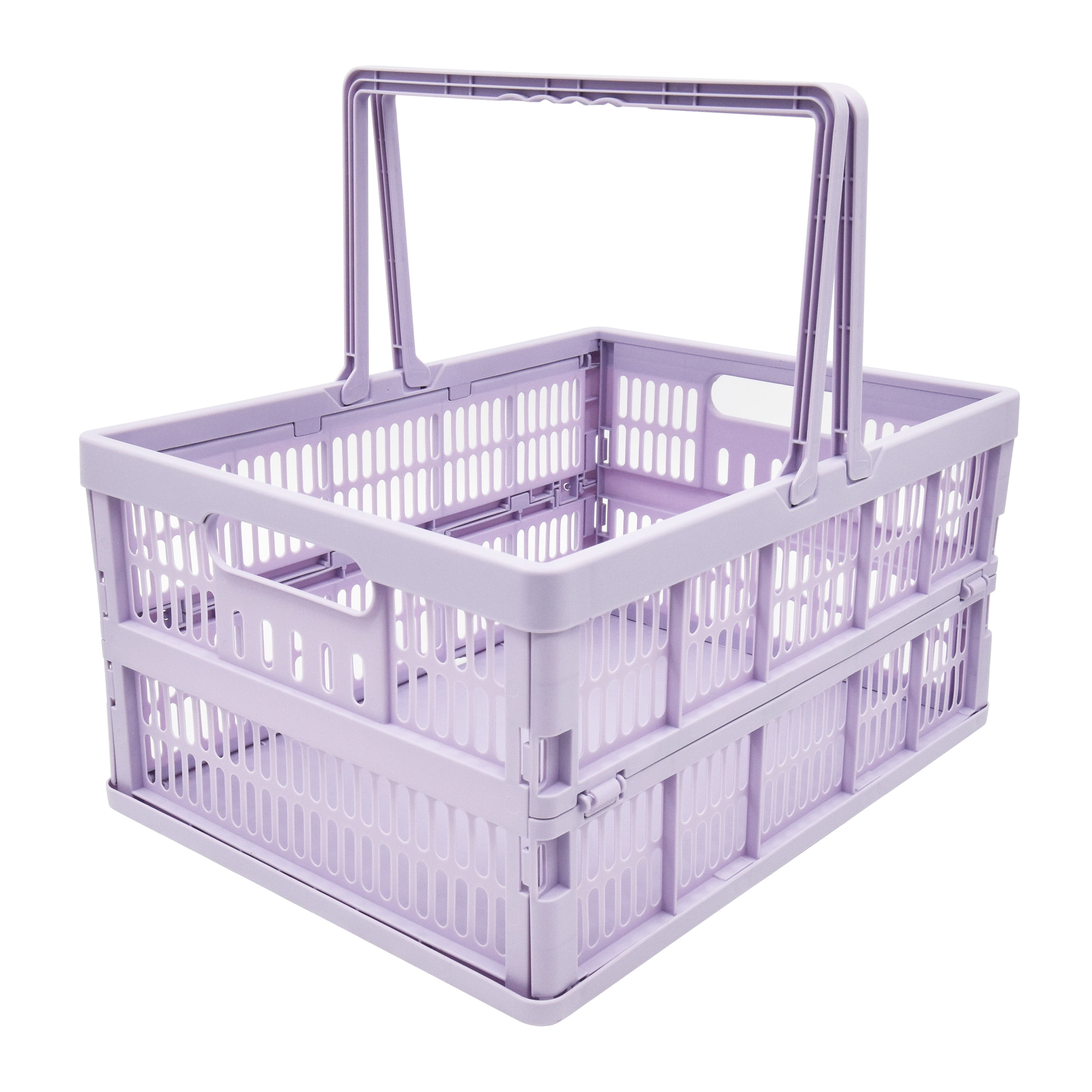 Mainstays Plastic Collapsible Storage Basket with Handles, Purple ...