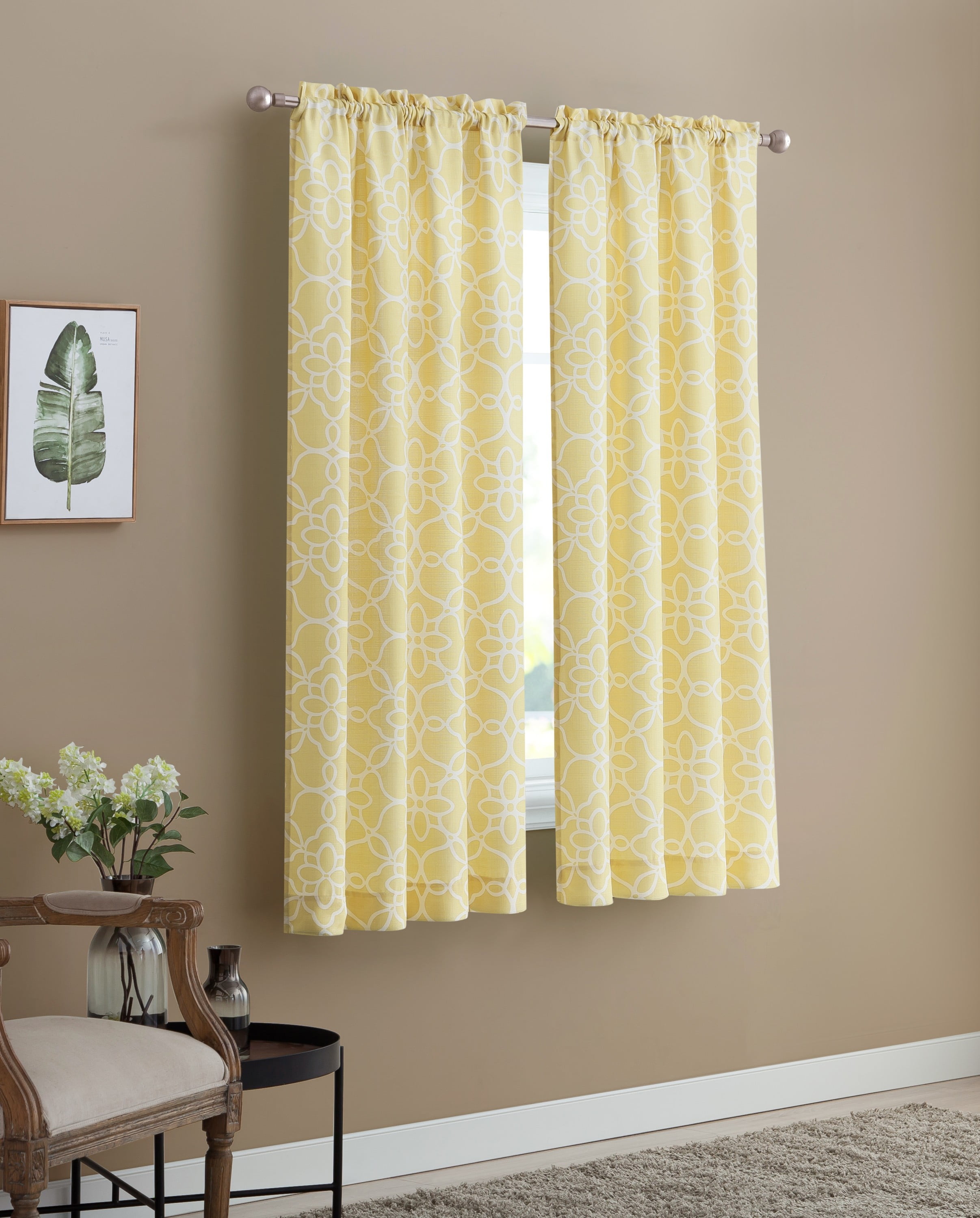 Mainstays Polyester Sheer Rod Pocket Curtain Pair, Yellow, 0.25" x 80.0 ...