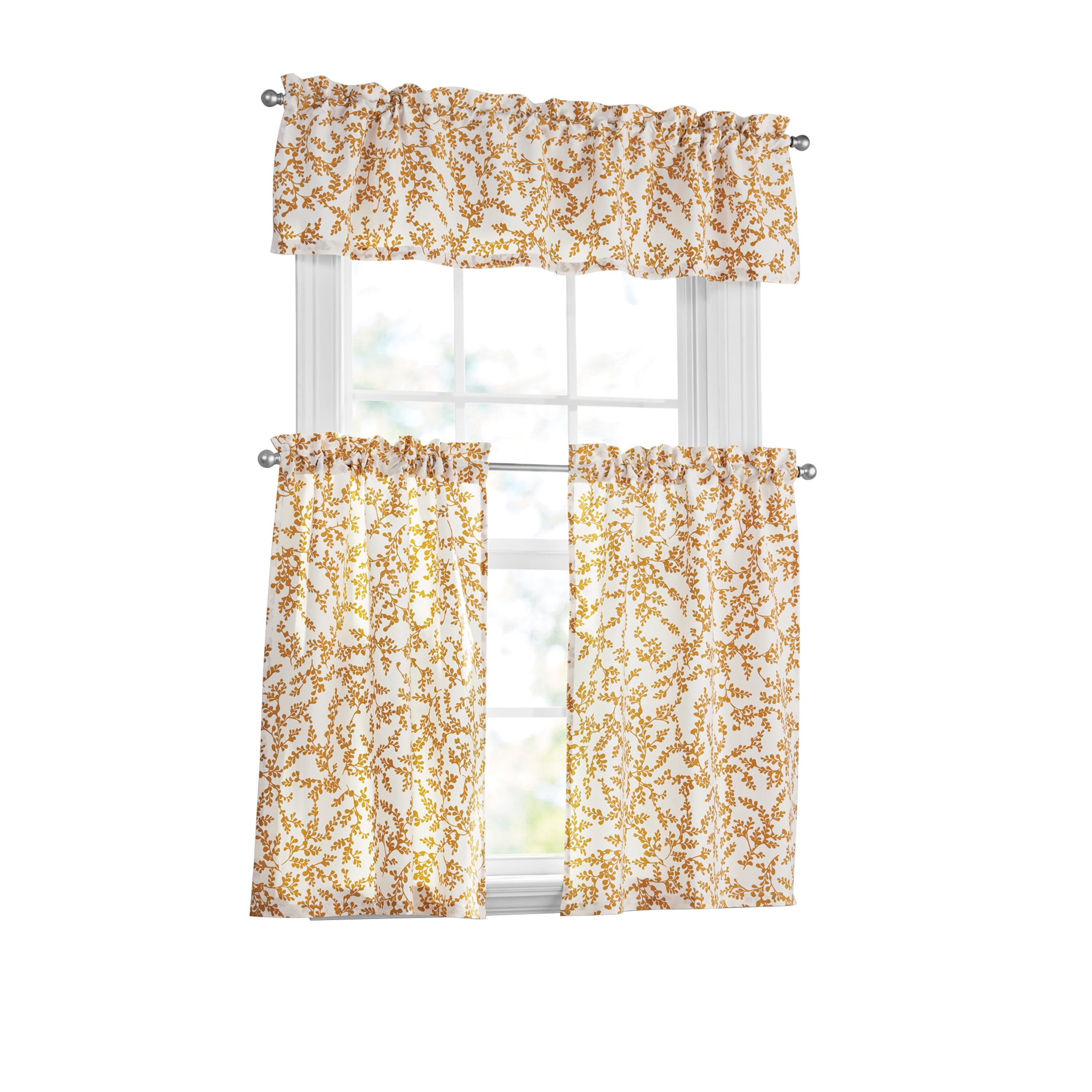 Mainstays Printed Tiers and Valance Set, 3-Piece, Yellow, 56" W x 36" L ...