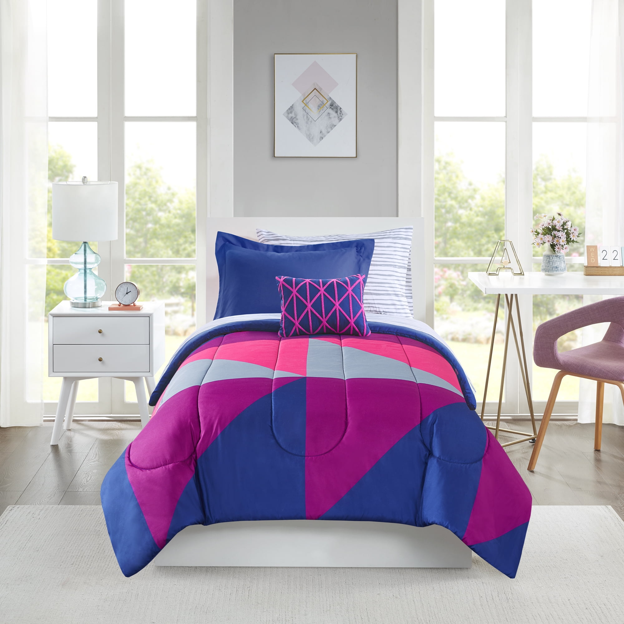 Mainstays Purple and Blue Geo 6 Piece Bed in a Bag Comforter Set with ...