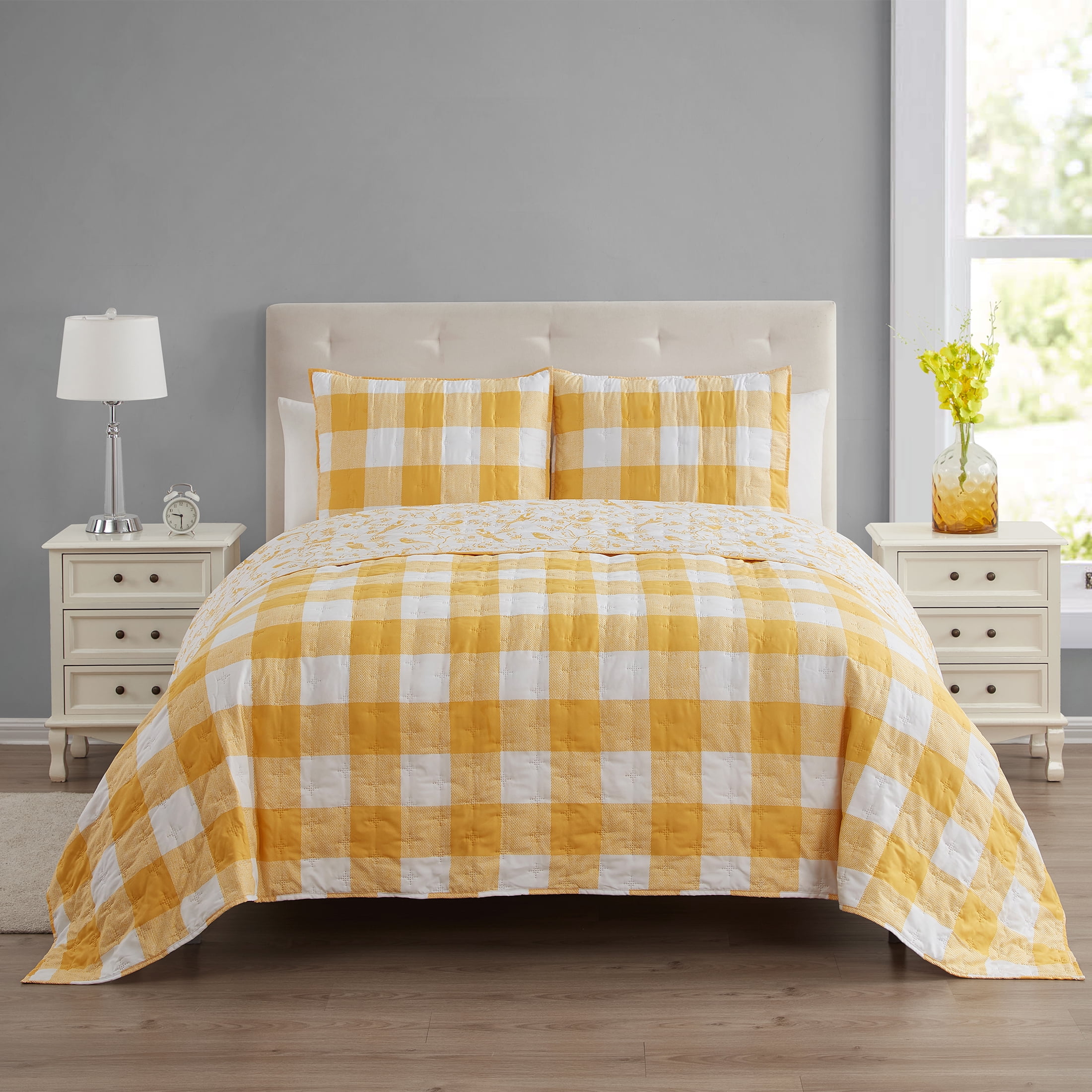 Mainstays Full/Queen Reversible Quilt Set Yellow Plaid Floral ...