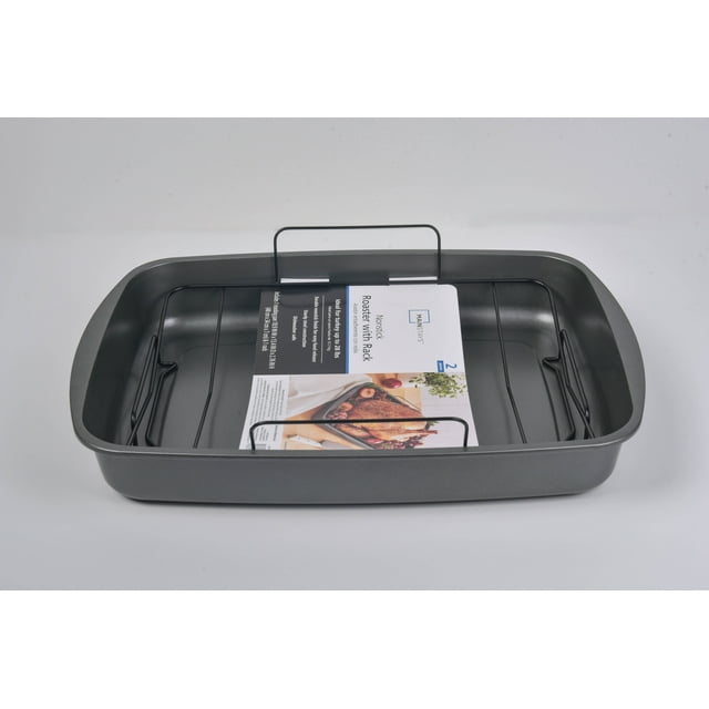 Mainstays Non-Stick Carbon Steel Roasting Pan with Wire Rack for Oven Cooking, 0.5mm Gauge ...