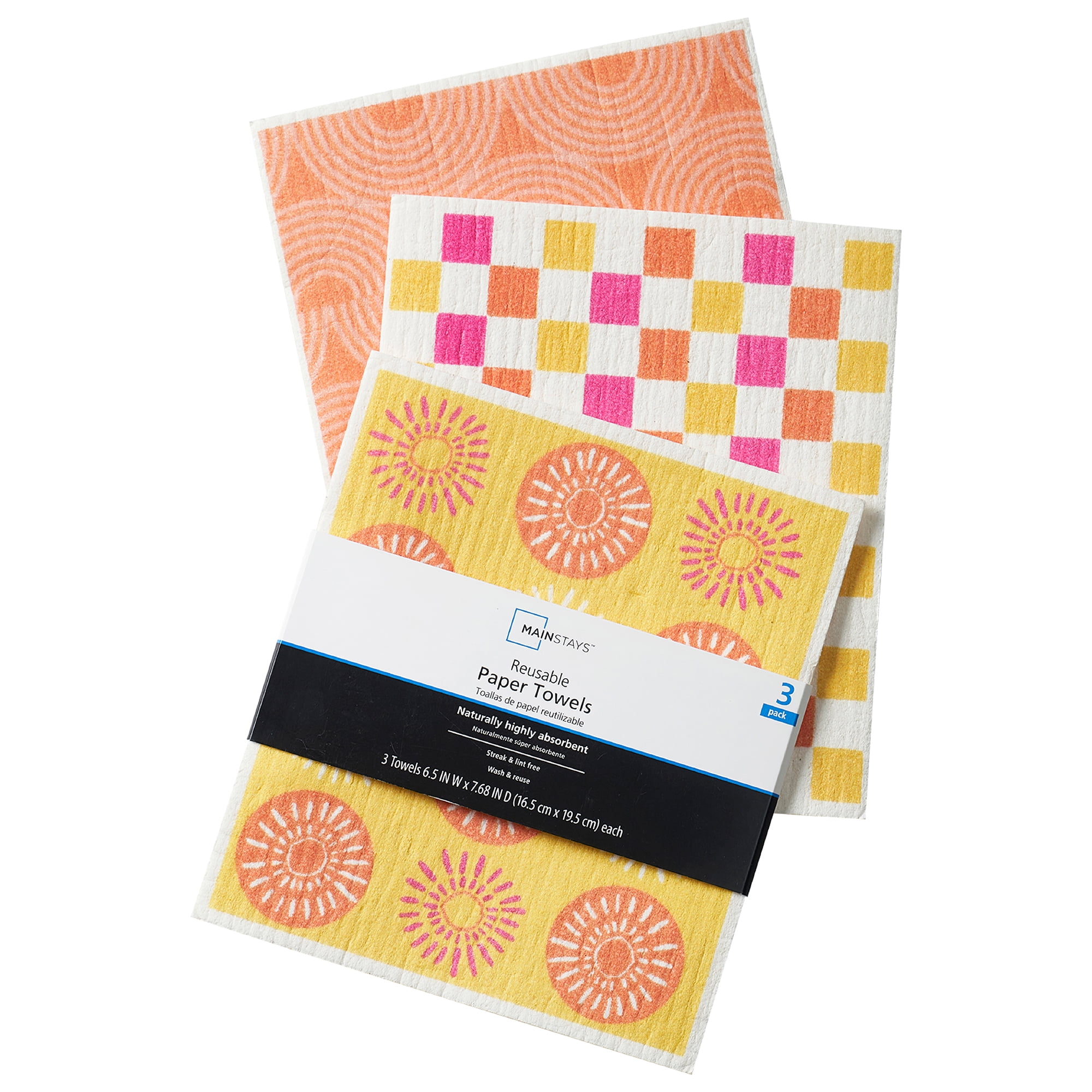 Mainstays Reusable Paper Towels Sun Print, 3 Pack, Summer Yellow Pink ...