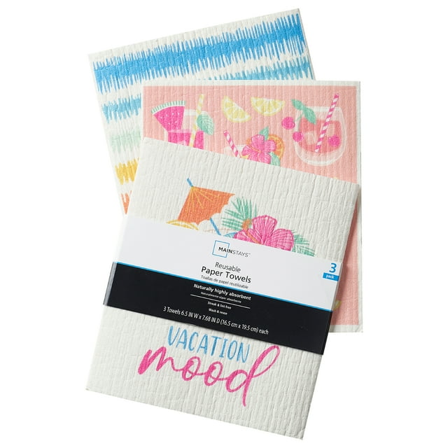 Mainstays Reusable Paper Towels Vacation Print, 3 Pack Multi Color ...
