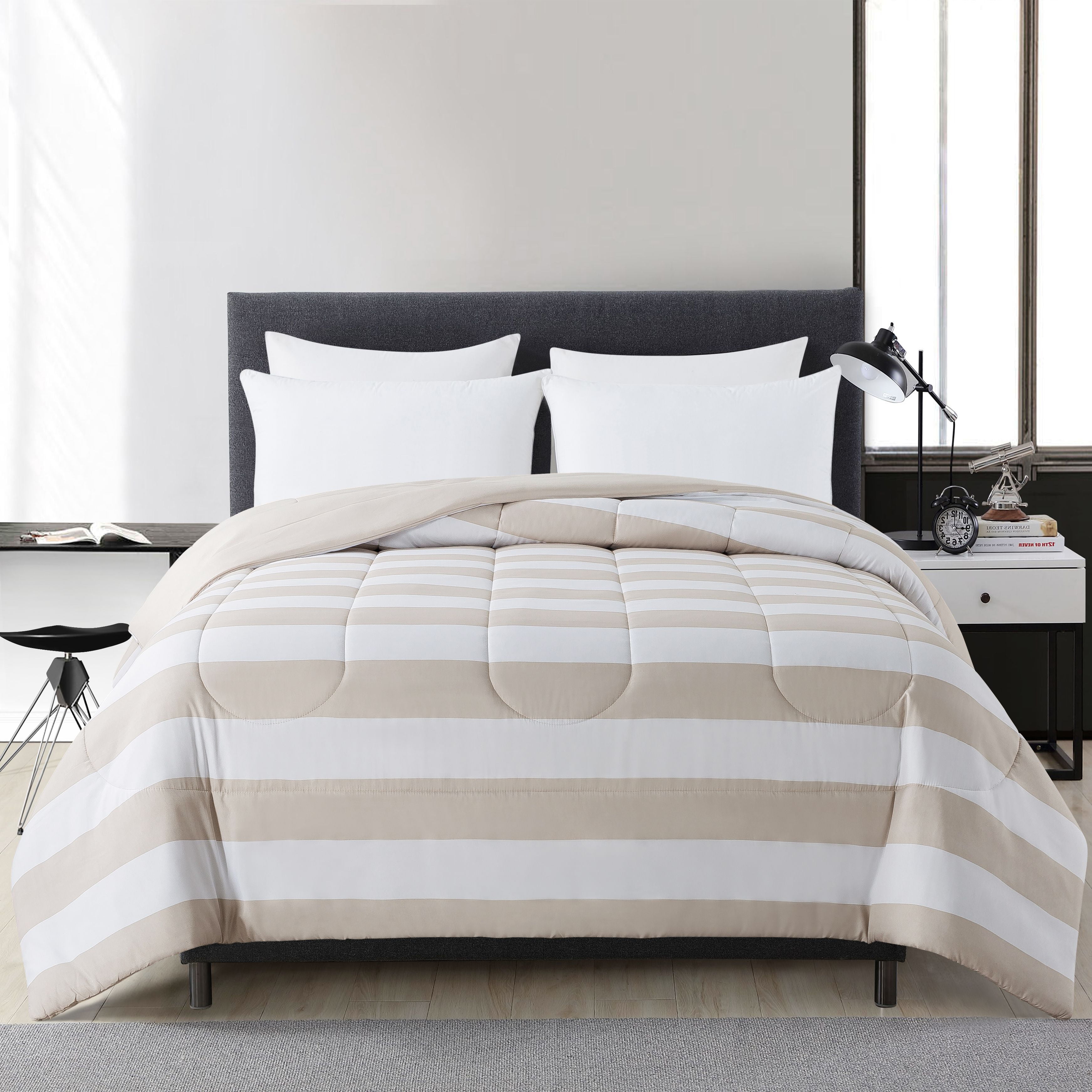 Mainstays Reversible Microfiber Comforter, Tan Stripe, Full/Queen, All ...
