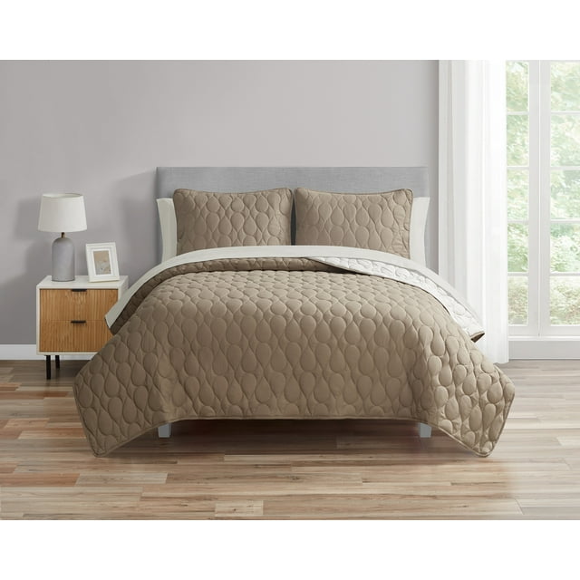 Mainstays 7 Piece Tan Reversible Quilt in a Bag with Sheets, Queen ...