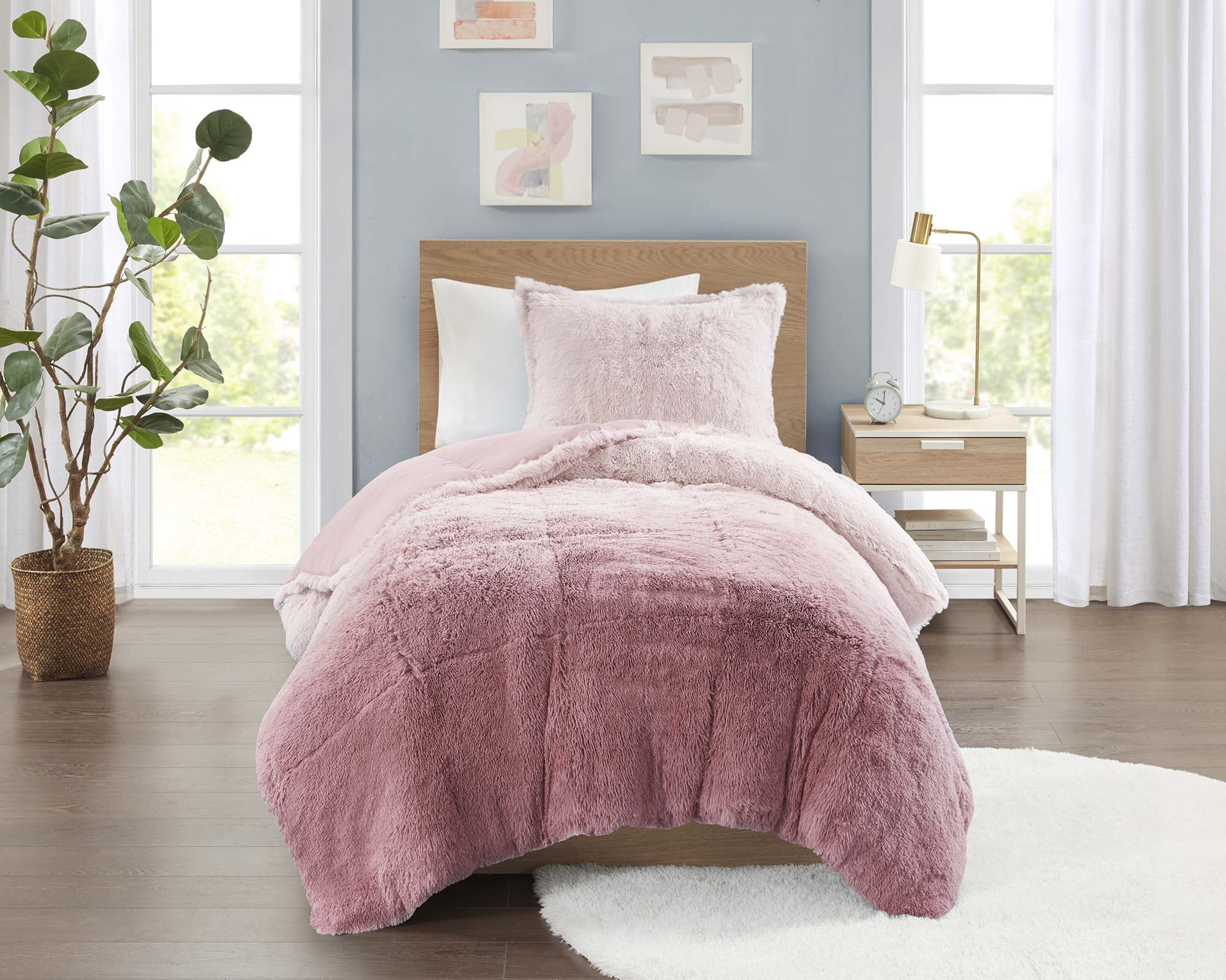 Mainstays Shaggy Faux Fur 2 Piece Pink Comforter Bed Set Comforter And