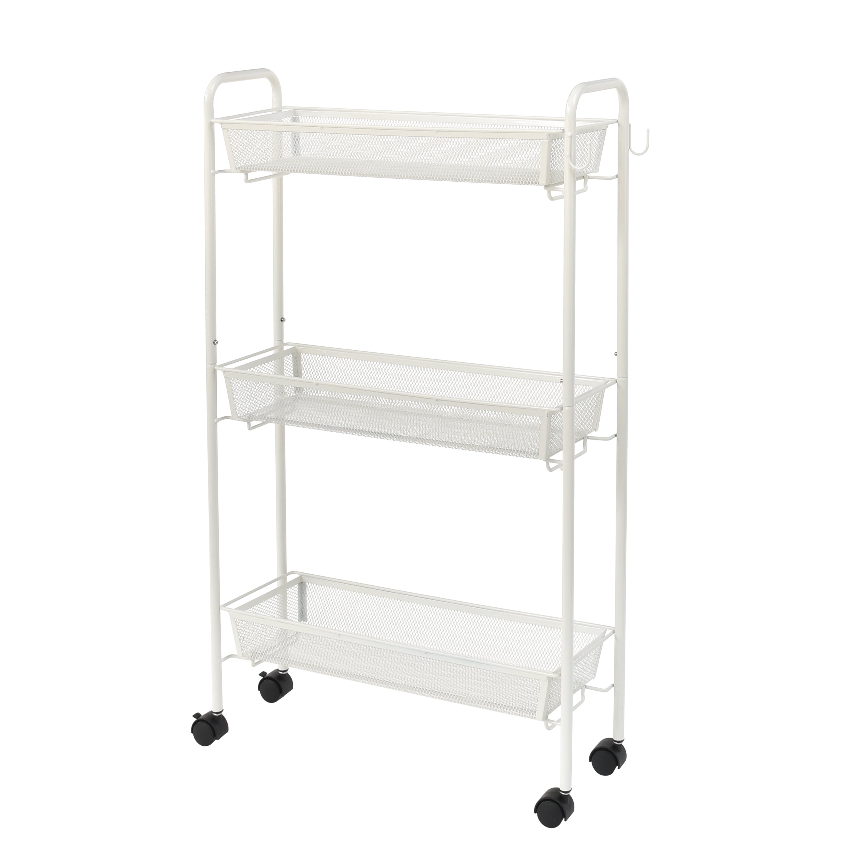 Mainstays Slim 3-Tier Rolling Bathroom Storage Cart with Hooks, White ...