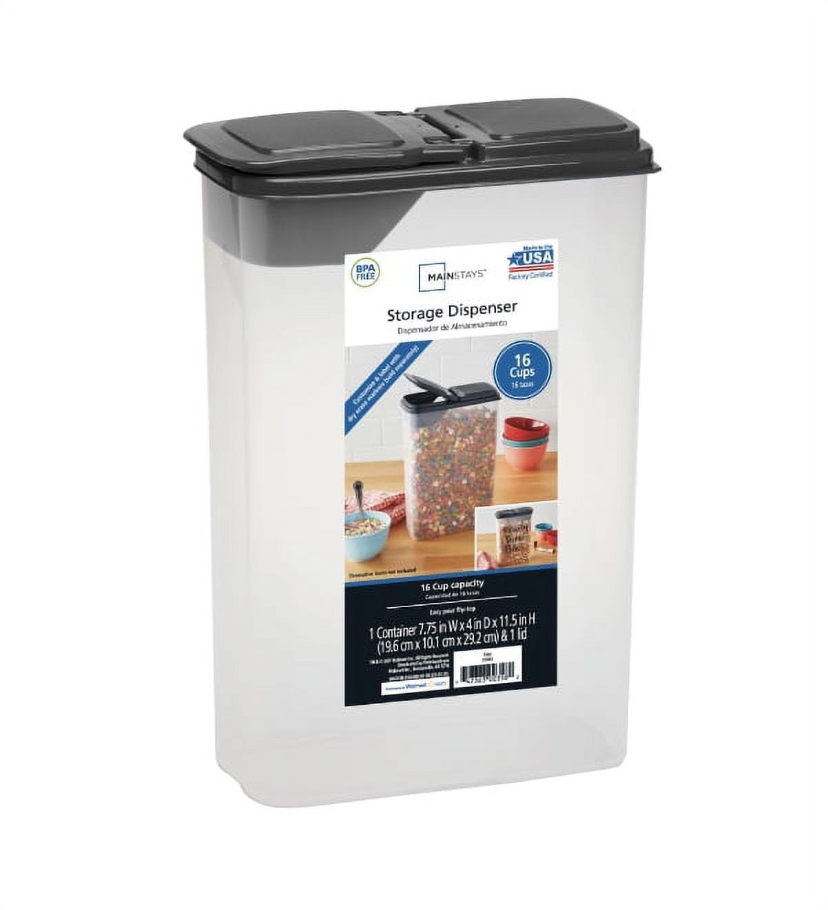"Mainstays Small Cereal Dispenser, Clear Plastic, Gray Lid, 16 Cups, 7. ...