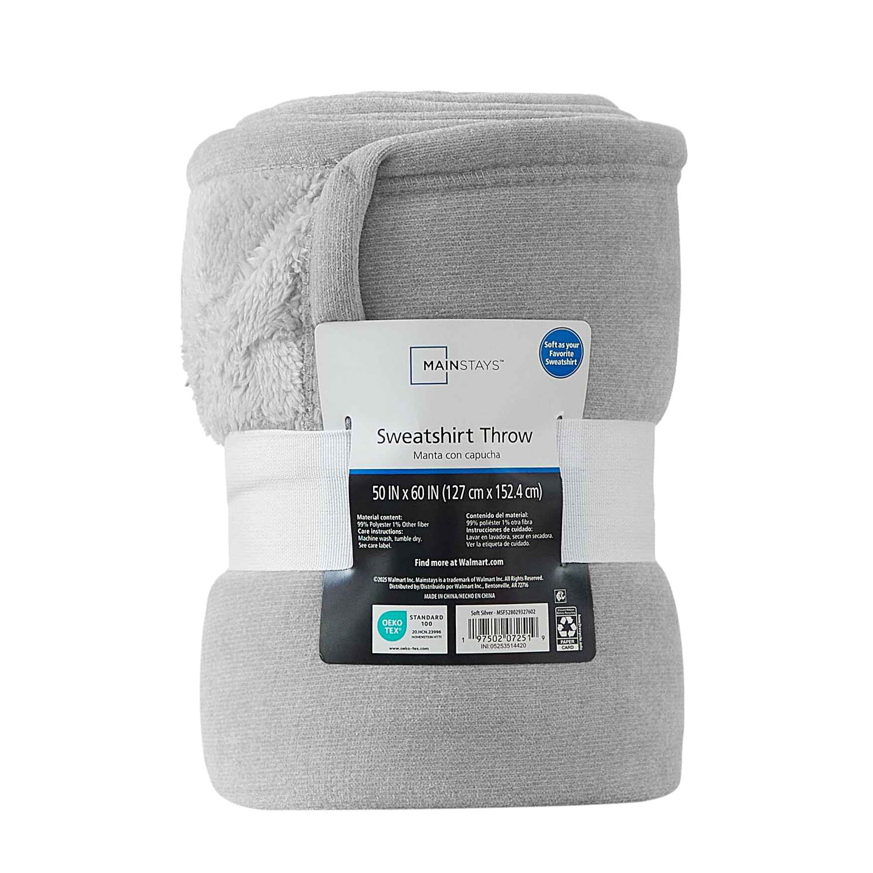 Mainstays Cozy Sweatshirt Chenille Throw Blanket, Soft Silver, 50" x 60 ...