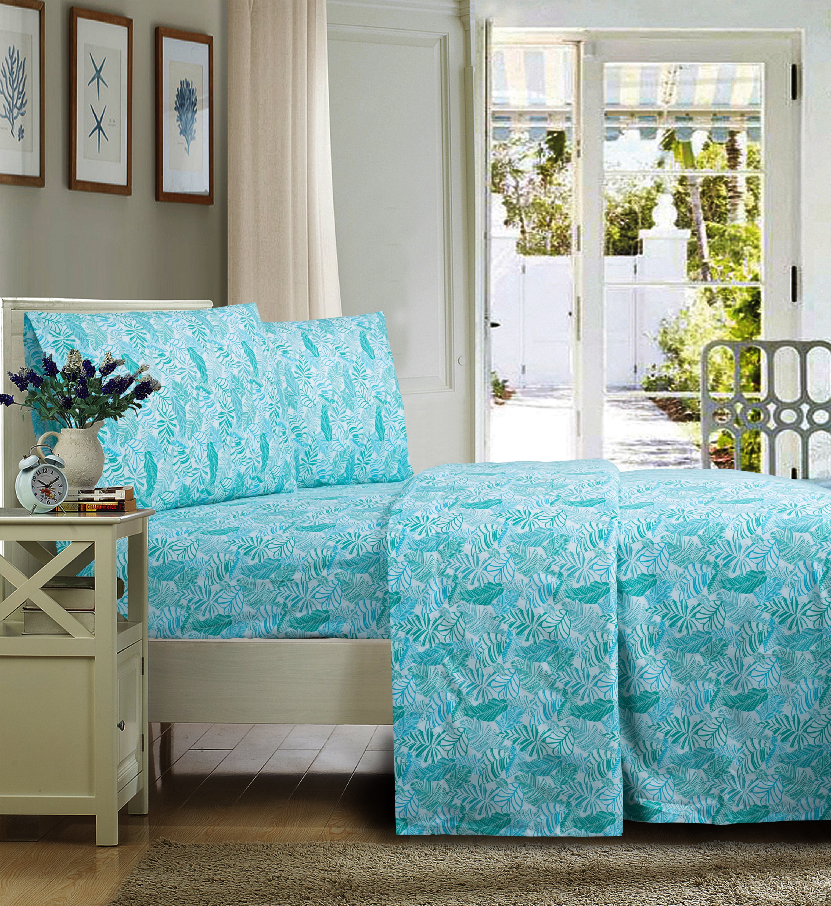 Mainstays Soft Wrinkle Resistant Microfiber Queen Green Palm Sheet Set ...