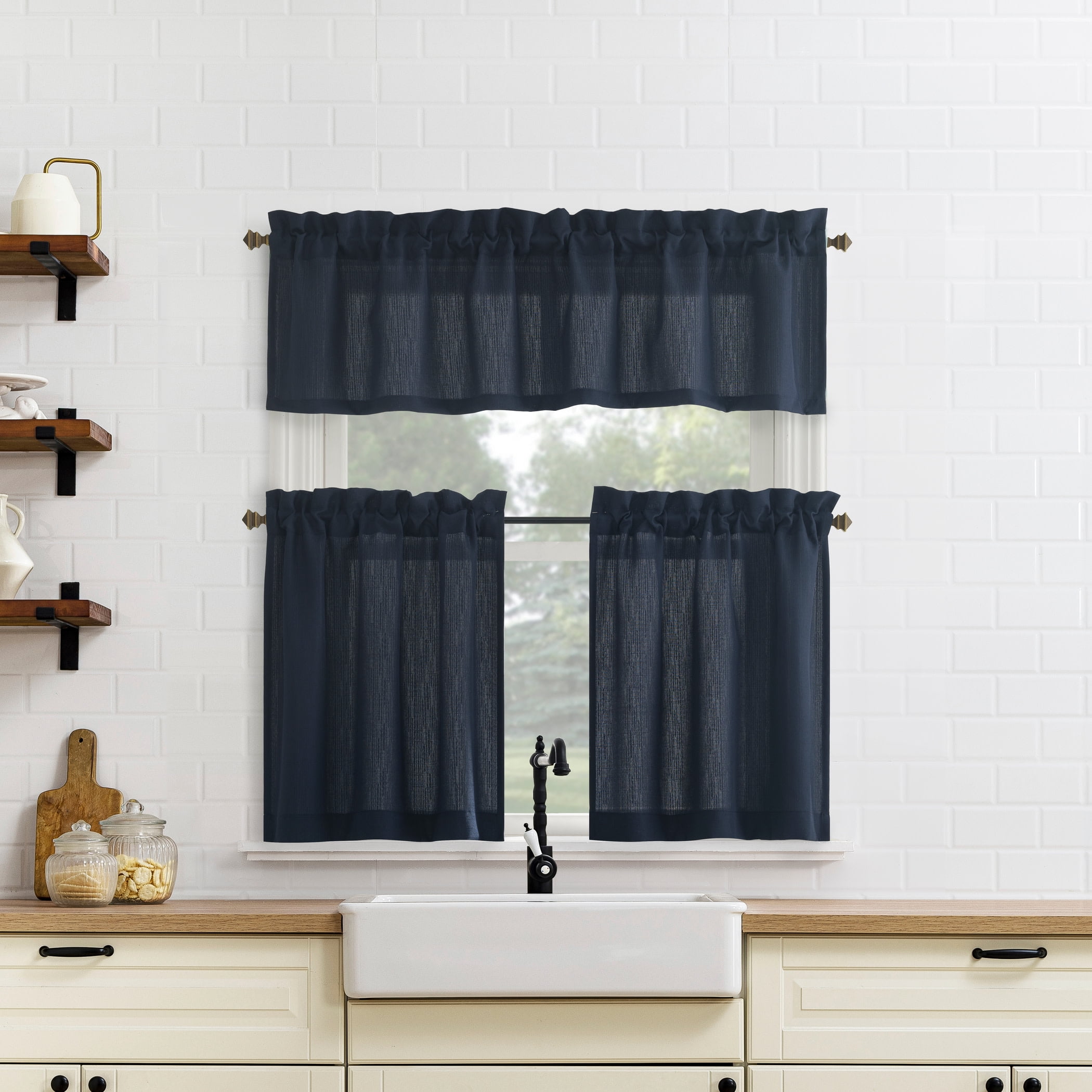 Mainstays Solid Semi-Sheer Curtain Tier Pair and Valance Set, 3-Piece ...