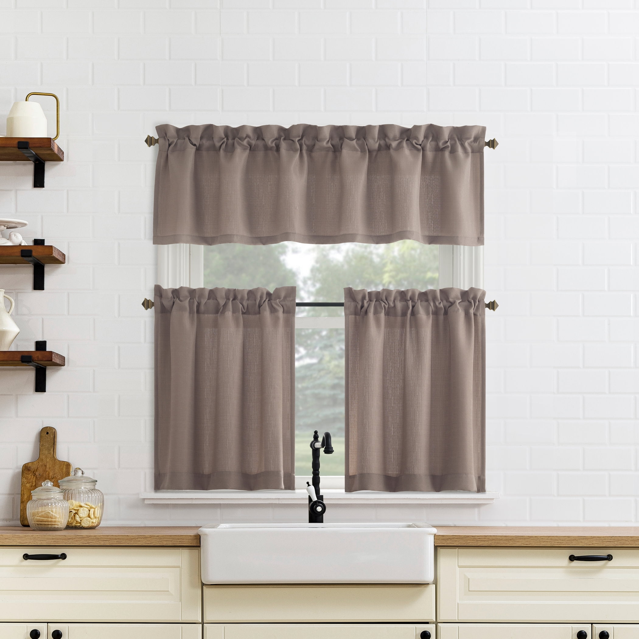 Mainstays Solid Semi-Sheer Curtain Tier Pair and Valance Set, 3-Piece ...